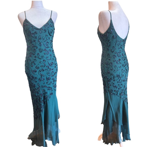 Cache | Dresses | Vintage Cache Beaded Teal Midimaxi Silk Slip Dress ...